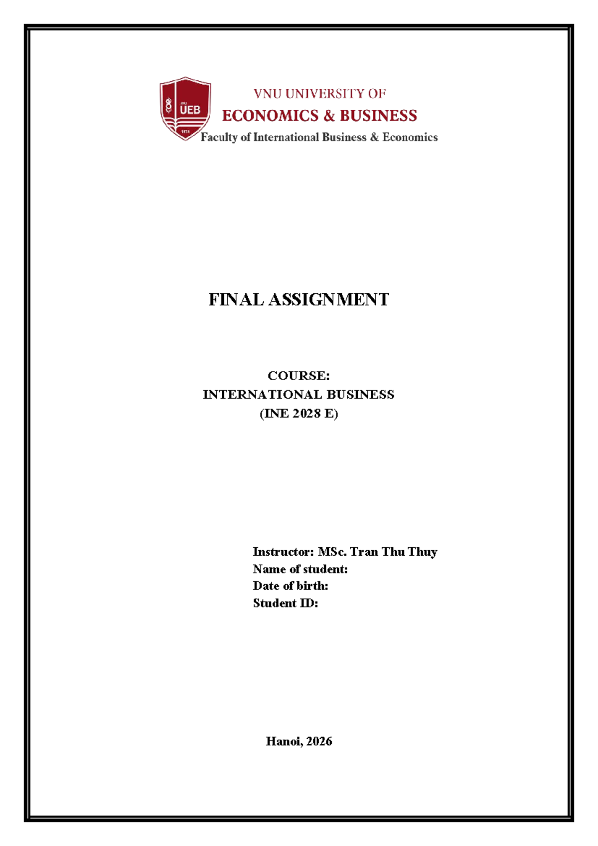 Cover page - tham khao - International Business - FINAL ASSIGNMENT ...
