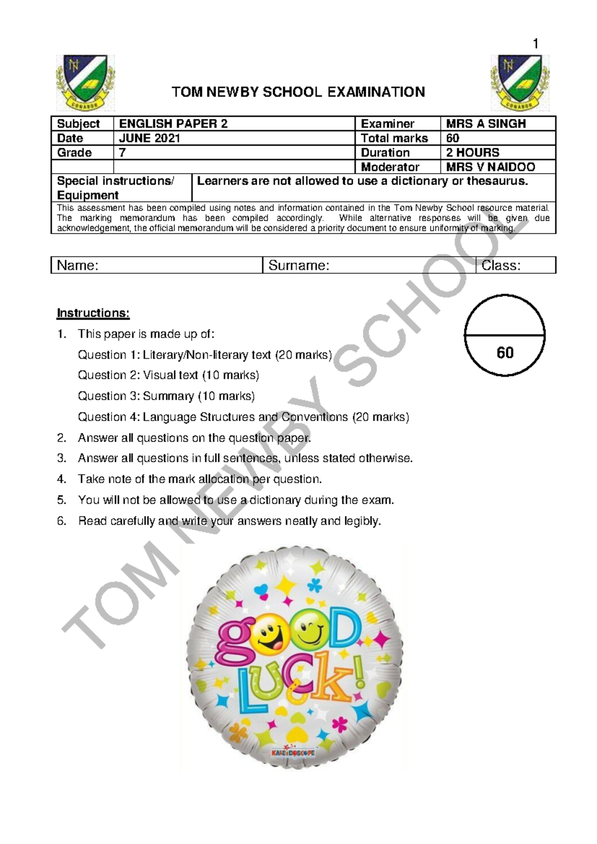Grade 7 English Exam Paper 2 - June 2021 - Tom New School - Studocu