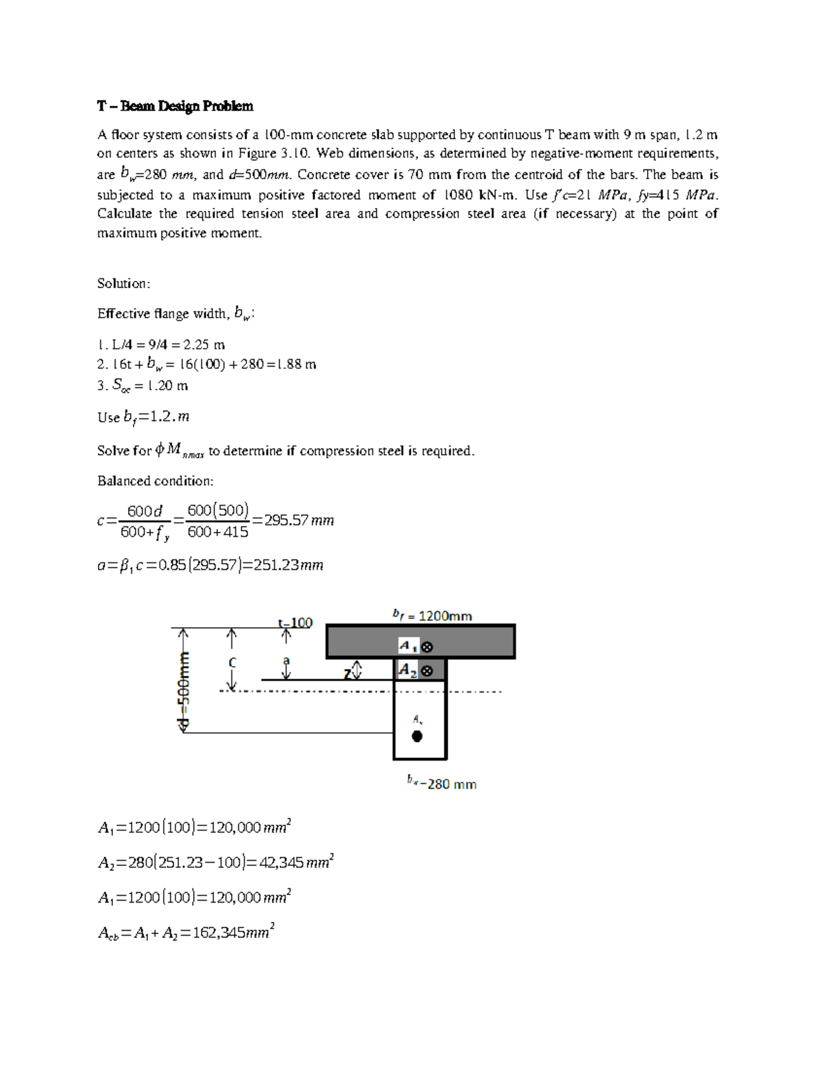 T Beam Design Problem - Calculation of Steel Areas and Moments - Studocu