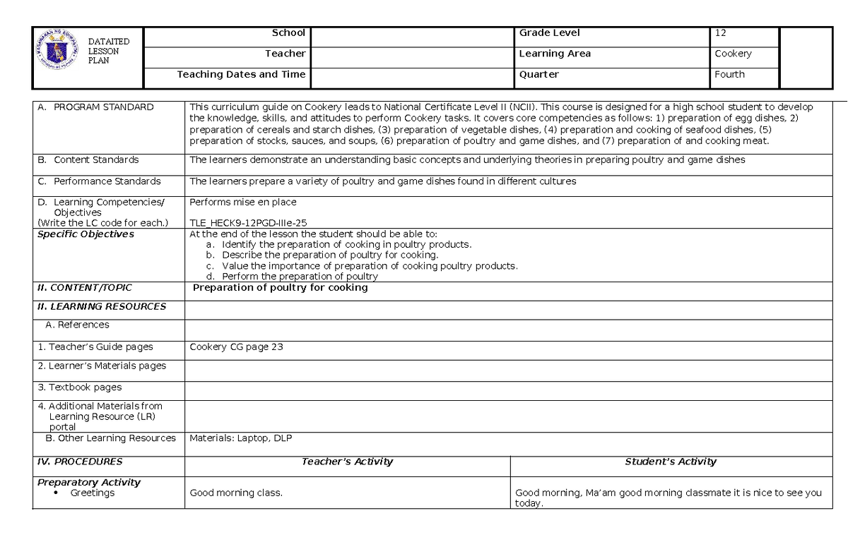 DLP-JV: Grade 12 Cookery Lesson Plan on Poultry Preparation - Studocu