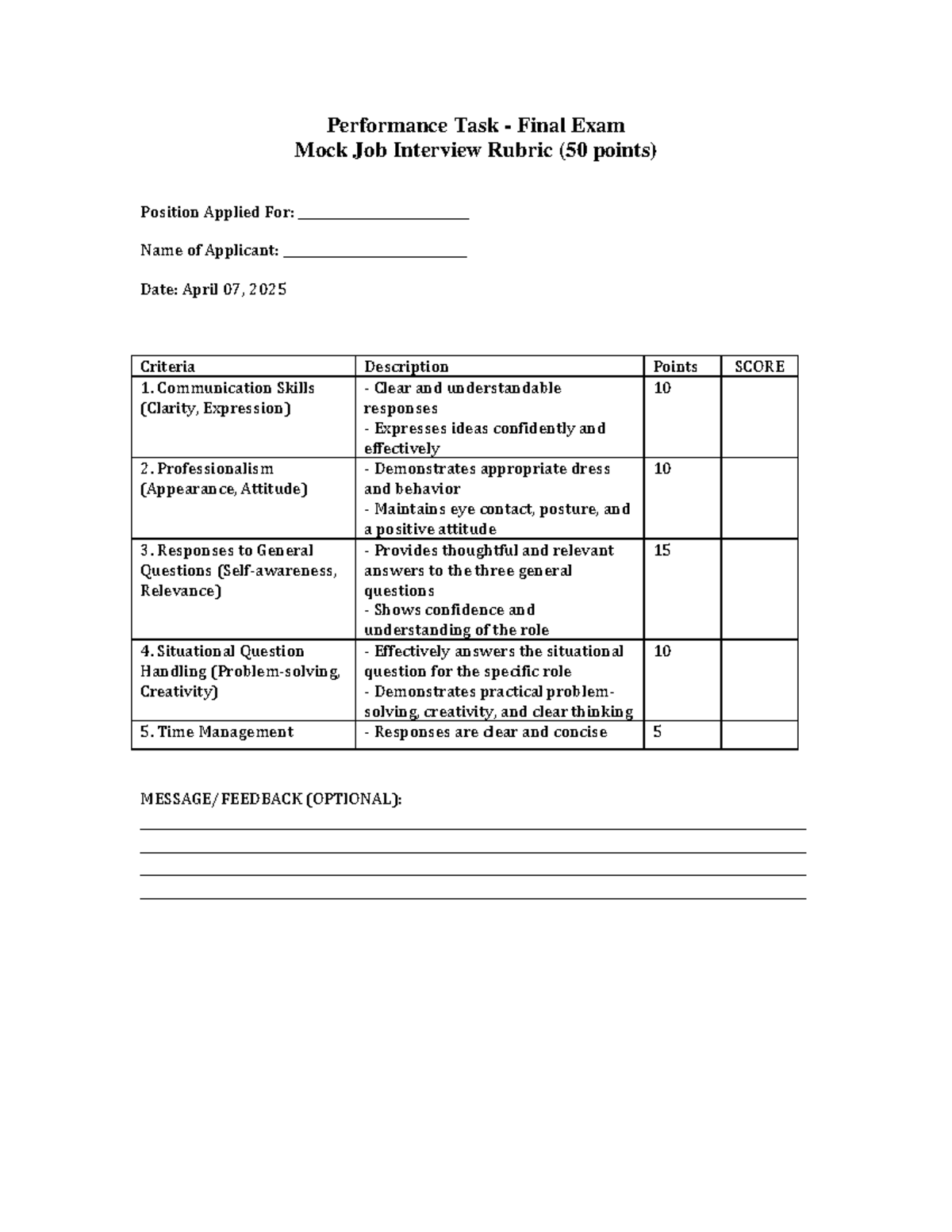 Performance Task Final Exam Mock Job Interview Rubric (50 pts) - Studocu