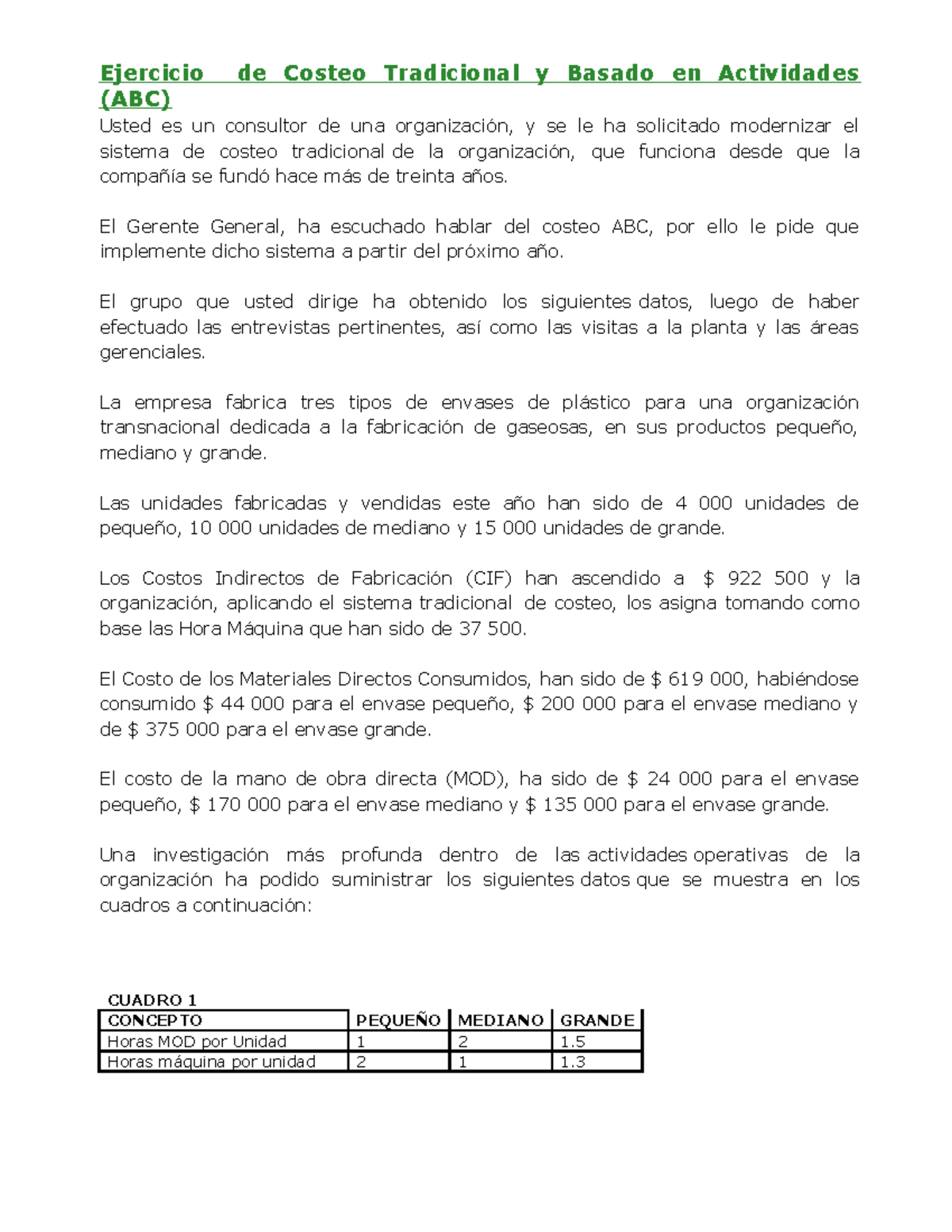 Ejercicio de Costeo Tradicional y Basado - El Gerente General, ha ...