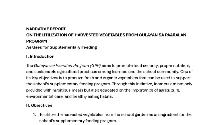 Narrative Report on GPP Vegetable Utilization for Feeding Program - Studocu