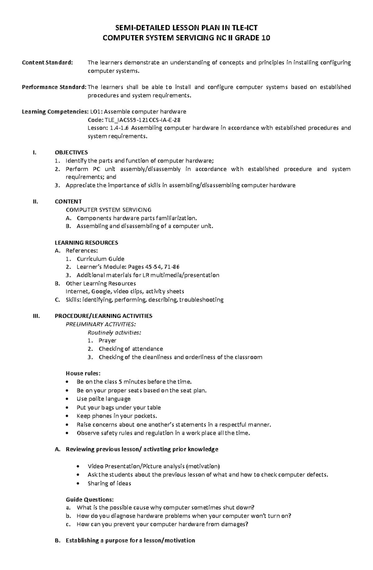 SEMI-DETAILED LESSON PLAN: Computer System Servicing NC II - Grade 10 ...
