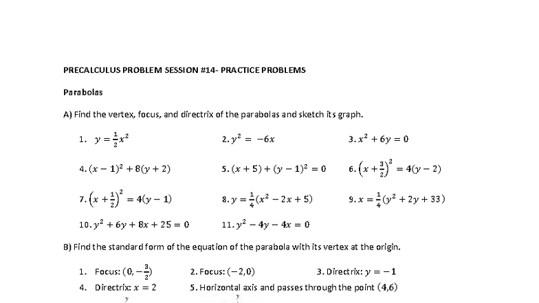 Precalculus (MATH 14) Problem Session: Parabolas, Ellipses ...