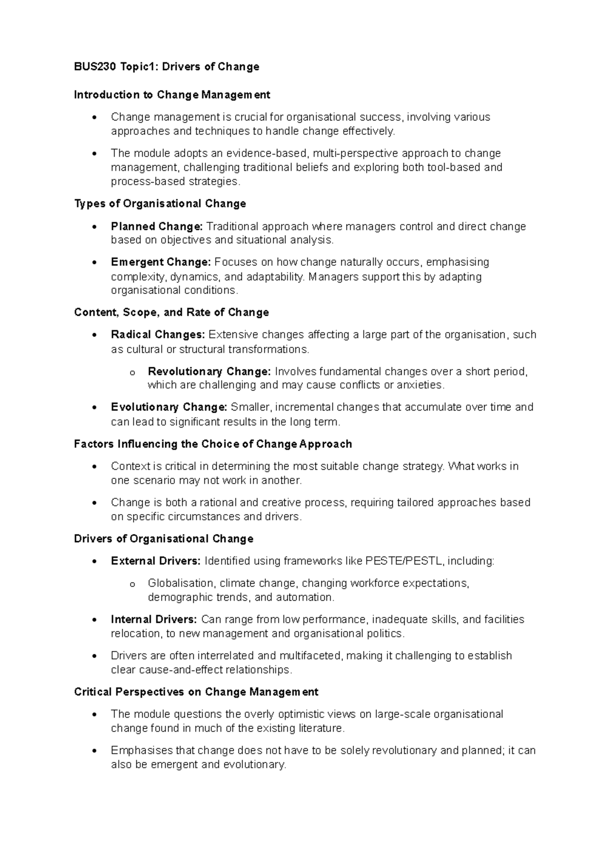 BUS230 Topic 1: Summary of Drivers of Change in Management - Studocu