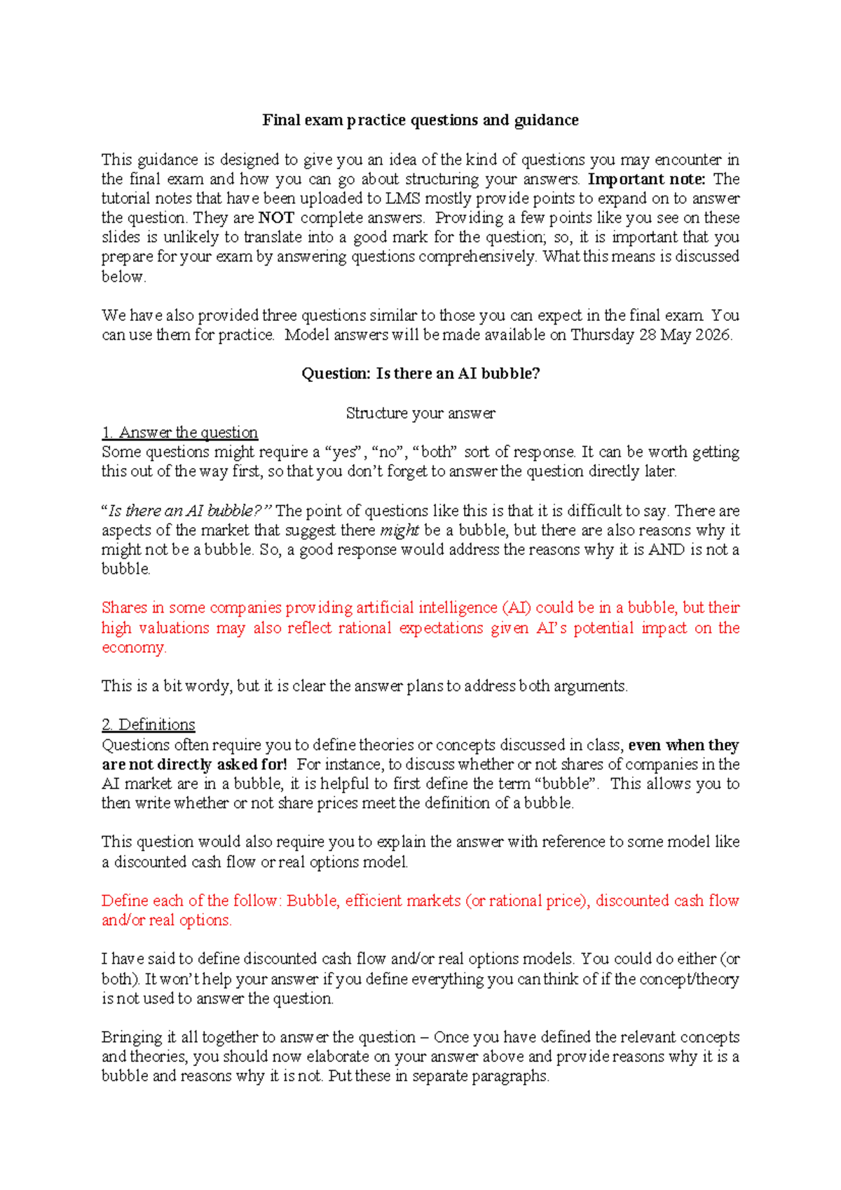 FINA3324 Final Exam Practice Questions & Structuring Guidance - Studocu