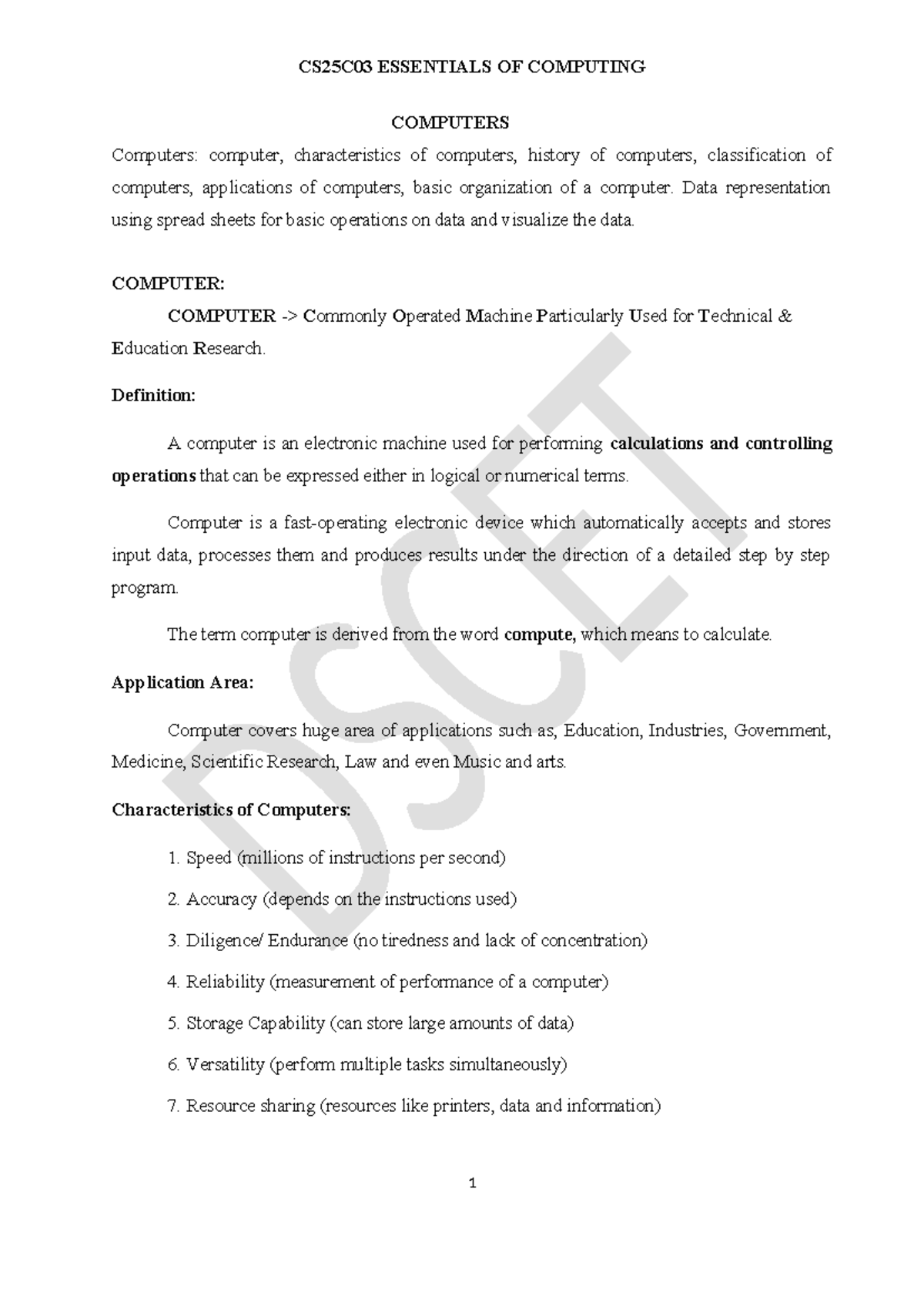 CS25C03 ESSENTIALS OF COMPUTING: Overview of Computer Fundamentals ...
