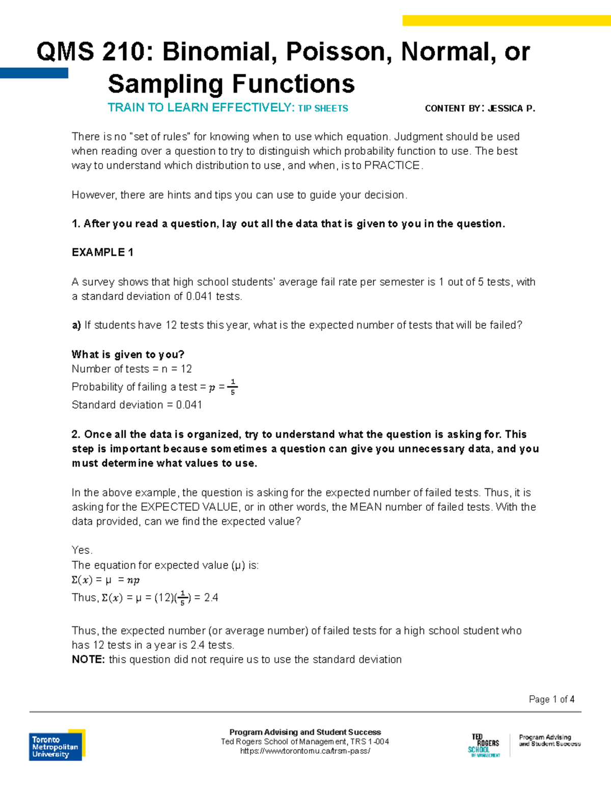 QMS 210: Tips for Using Binomial, Poisson, and Normal Functions - Studocu