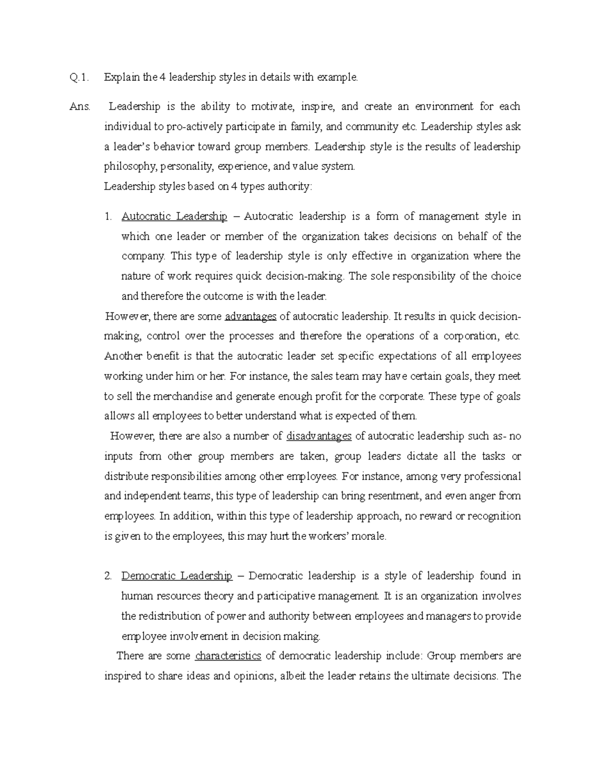 Assignment-1 Leadership Styles - Q. Explain the 4 leadership styles in ...