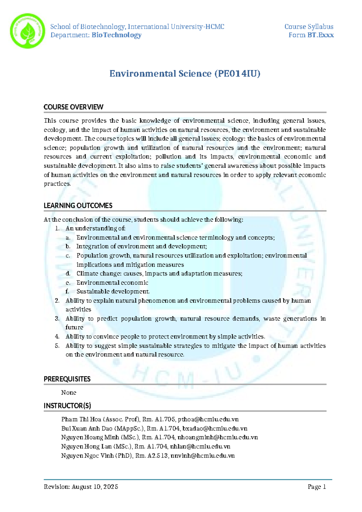 Environmental Science Syllabus (PE014IU) - Course Overview & Details ...