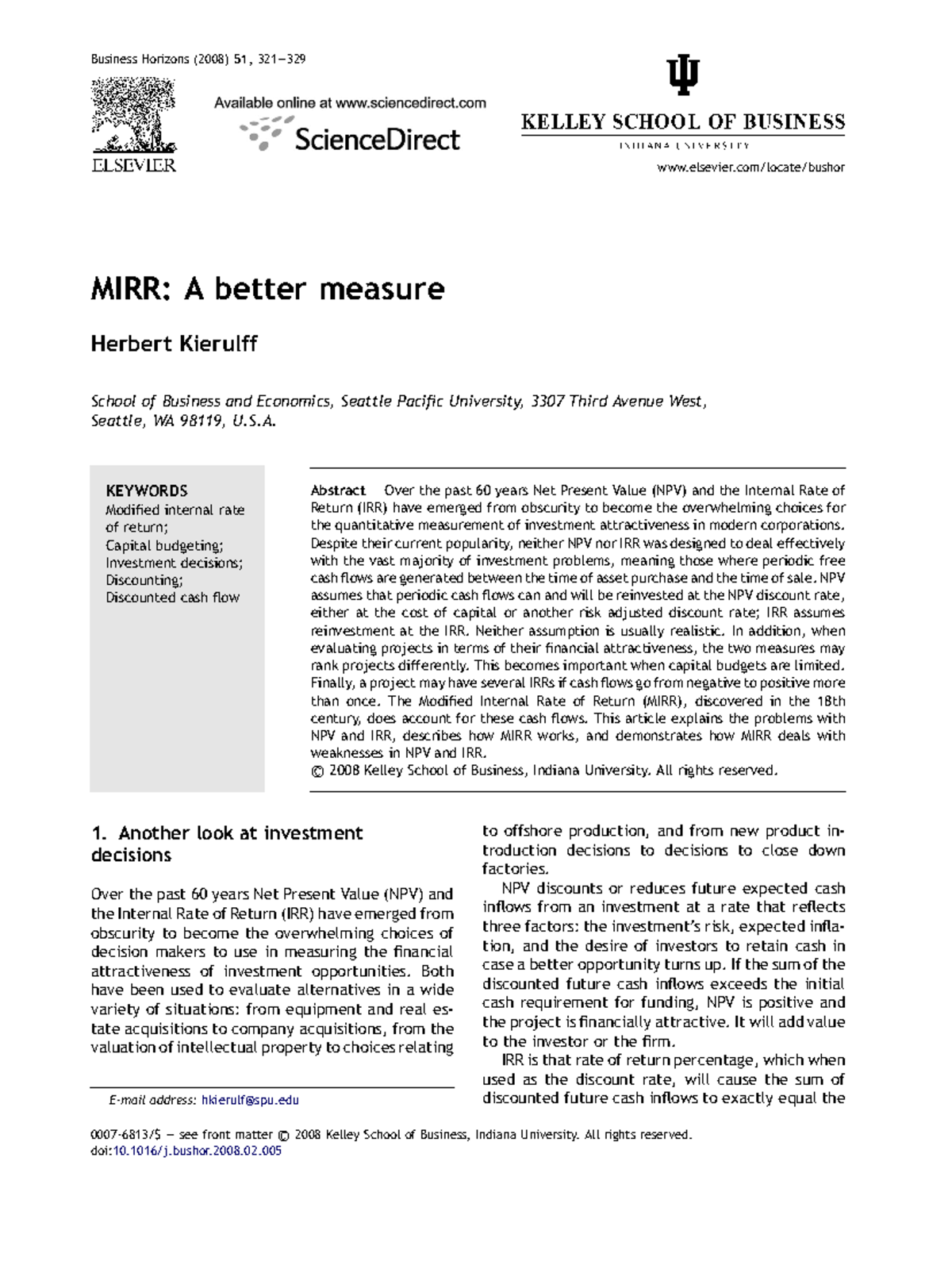 Modified IRR - Concept of MIRR - MIRR: A better measure Herbert ...