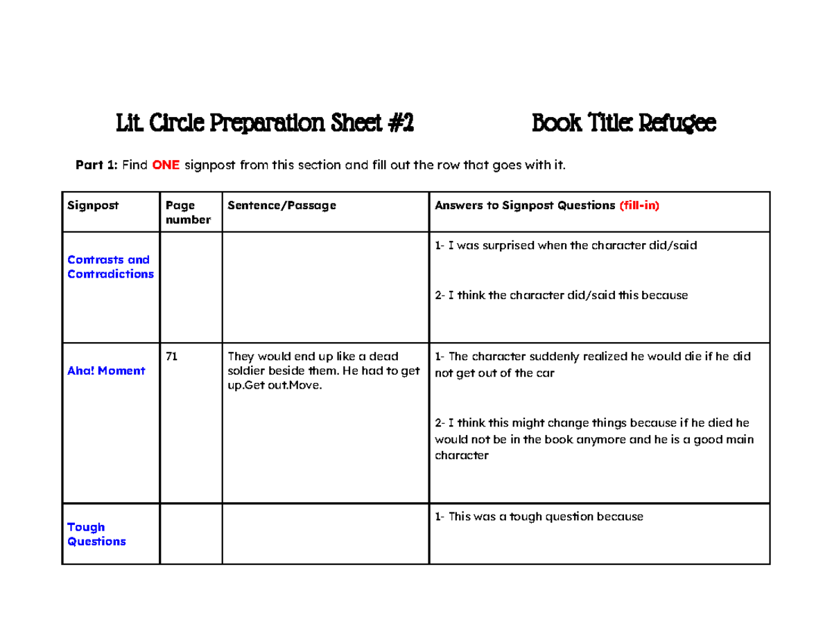Lit. Circle Prep Sheet #2: Refugee Signposts Analysis - Studocu