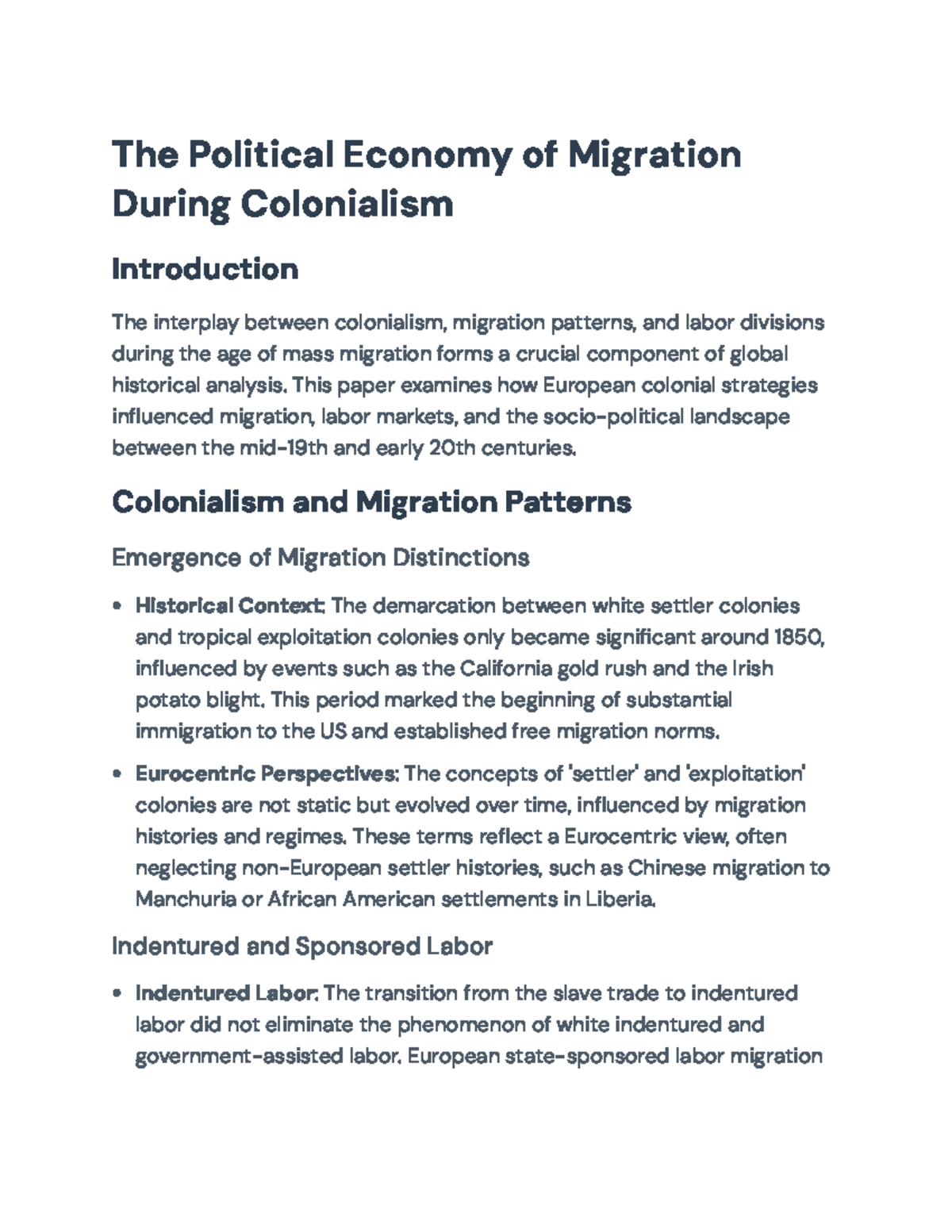 Colonialism and Migration: Examining Labor Dynamics (HIST 401) - The ...