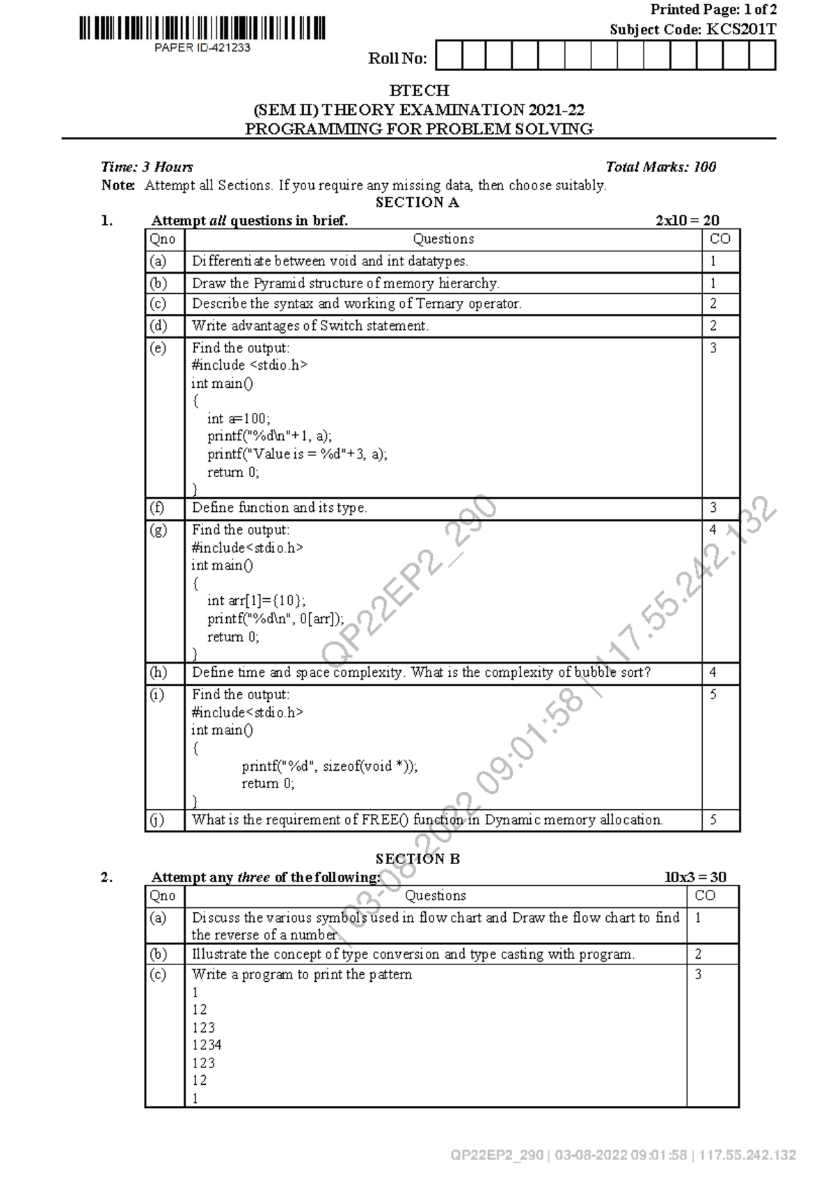 Programming FOR Problem Solving KCS201T 2021 22 - QP22EP2_ | 03-08-2022 ...