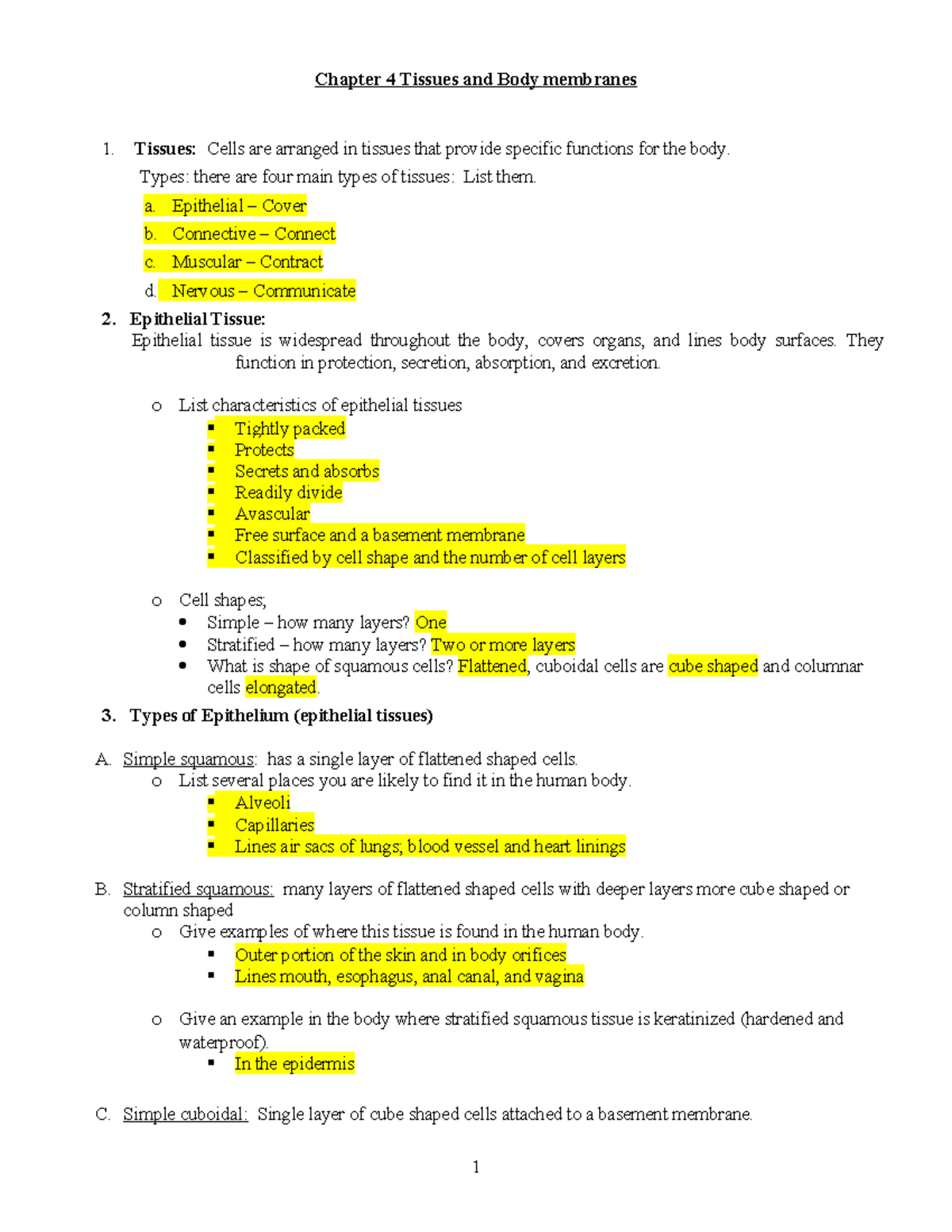 Chapter 4: Tissues and Body Membranes - Summary for Bio 101 - Studocu