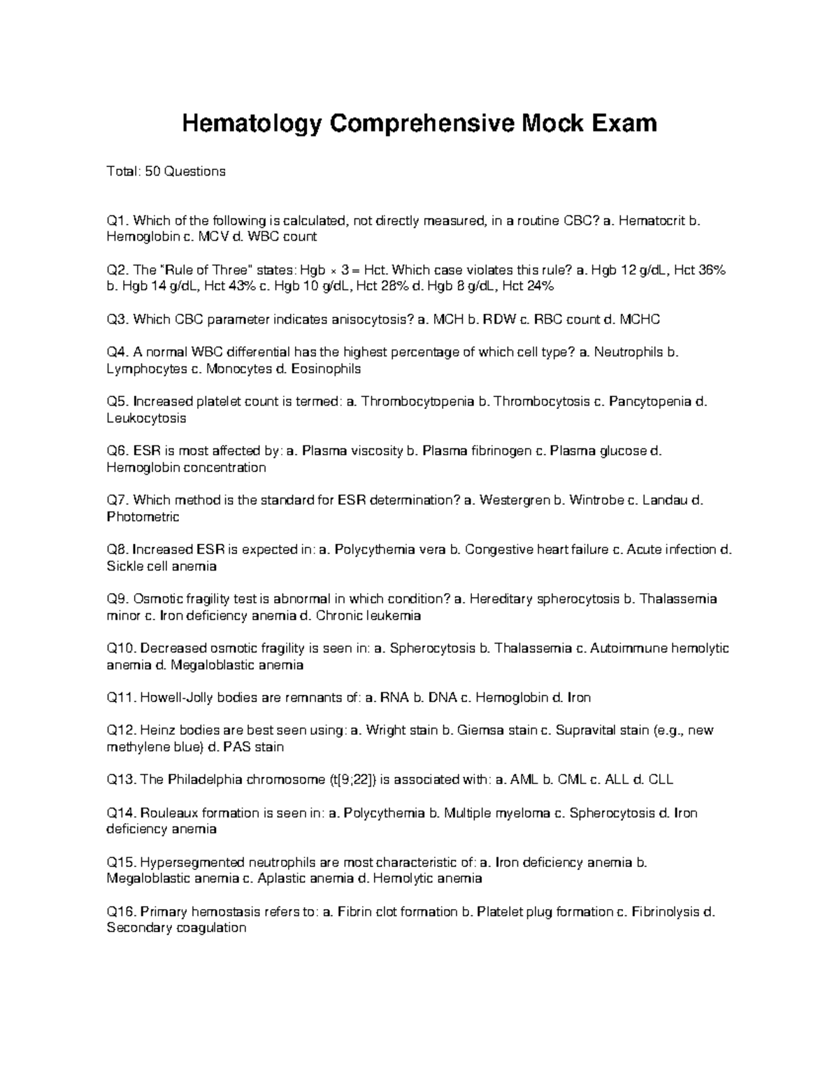 Hematology Comprehensive Mock Exam (50 Questions) - Studocu