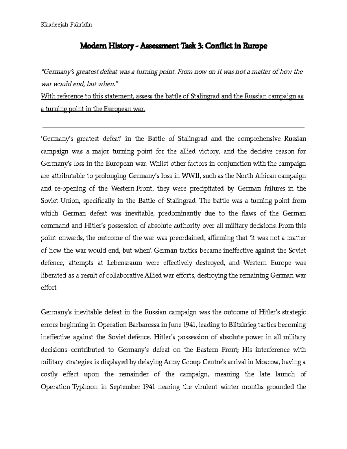 Modern History - Assessment Task 3: The Battle of Stalingrad's Impact ...
