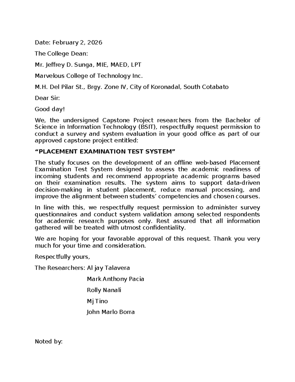 Revised Permission Letter and Survey Questionnaire for BSIT Capstone ...