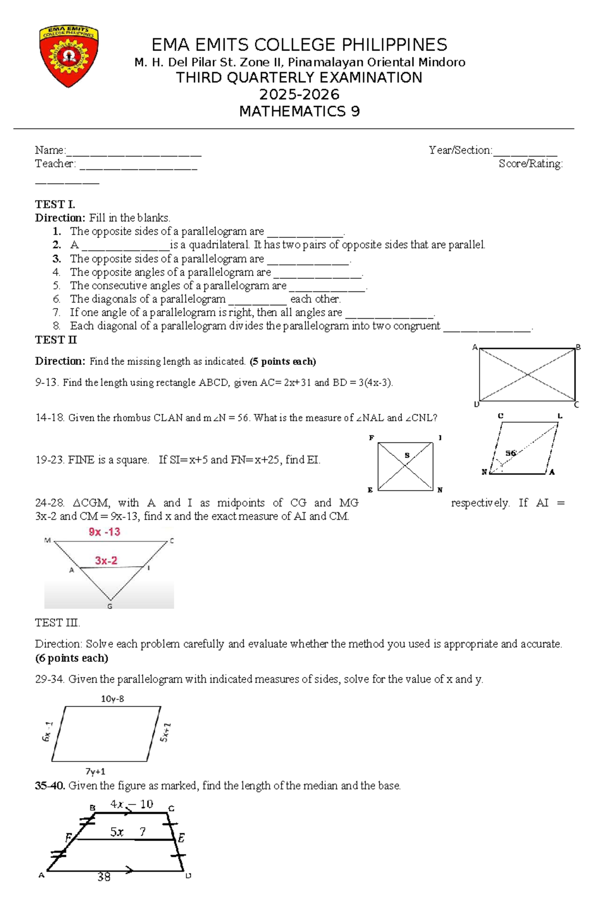 MATH 9 3RD QUARTERLY EXAMINATION REVIEW NOTES - Studocu