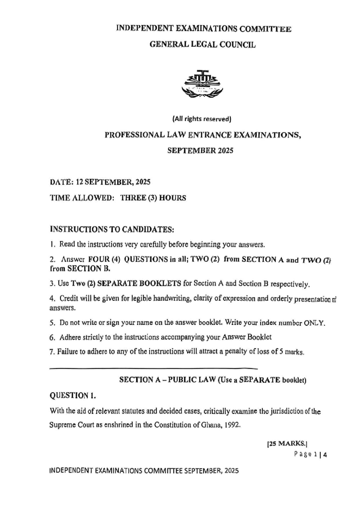Professional Law Entrance Exam Questions - September 2025 - Studocu