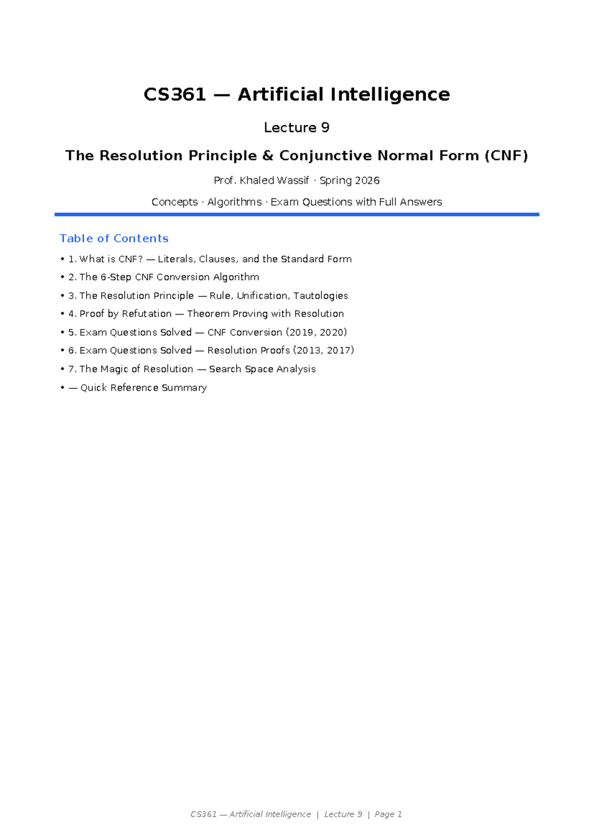 CS361 Artificial Intelligence Lecture 9: CNF & Resolution Principles ...
