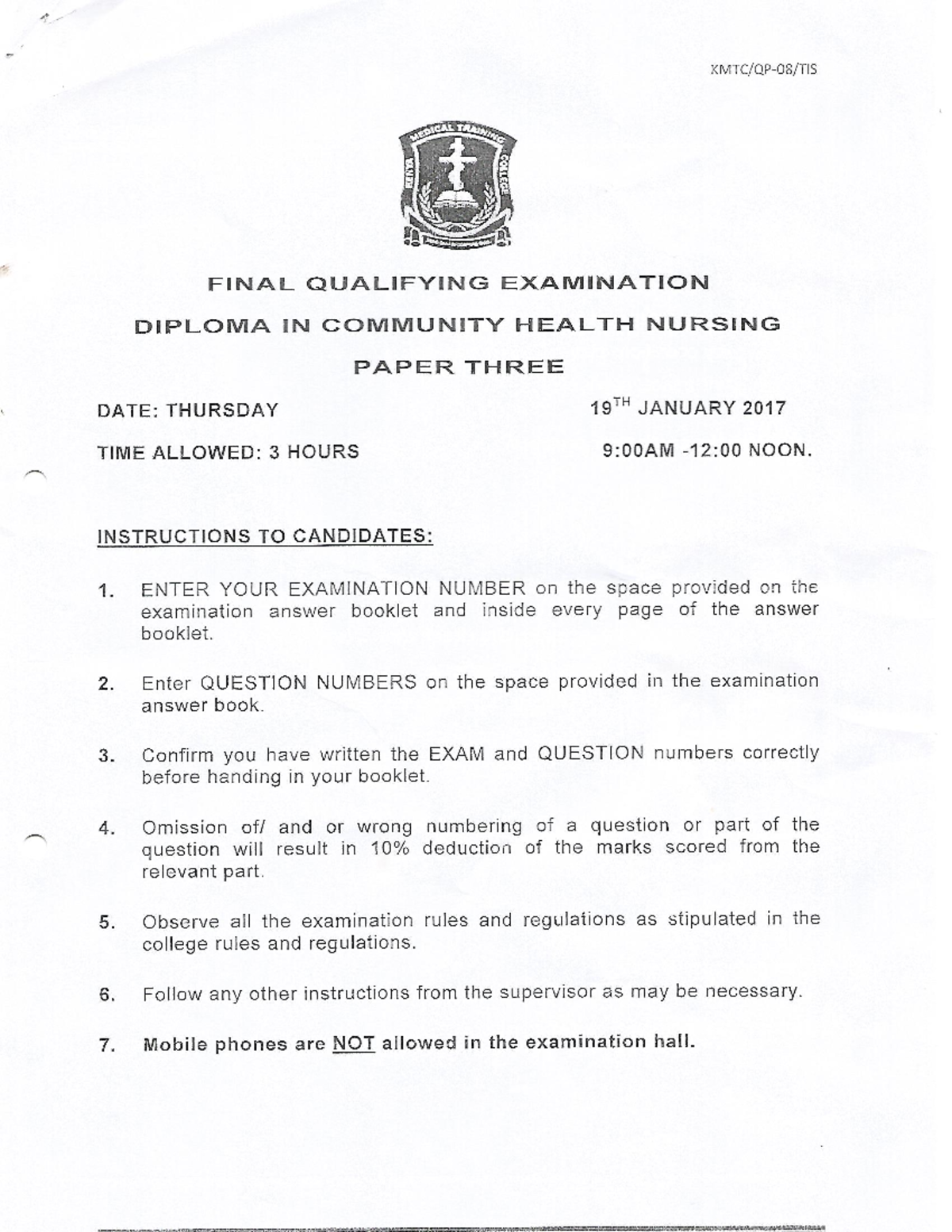 KRCHN FINAL QUALIFYING EXAMINATION PAPER THREE JAN 2017 - Studocu