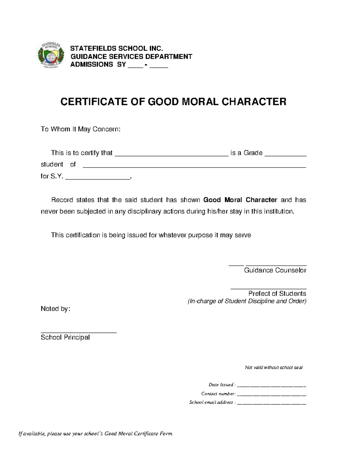 Af-3 Certificate of Good Moral Character Form for Students - Studocu