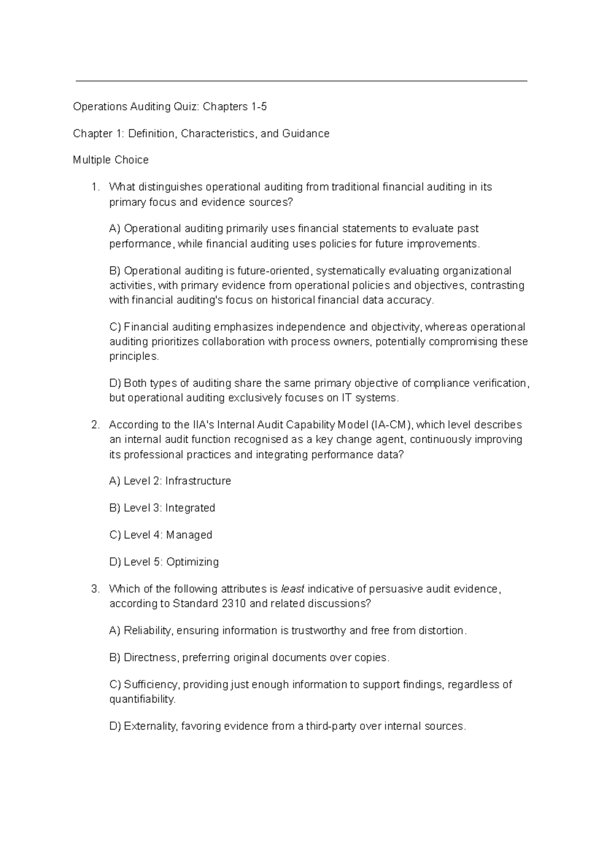 Operations Auditing Quiz: Chapters 1 & 2 Overview and Key Concepts - Studocu