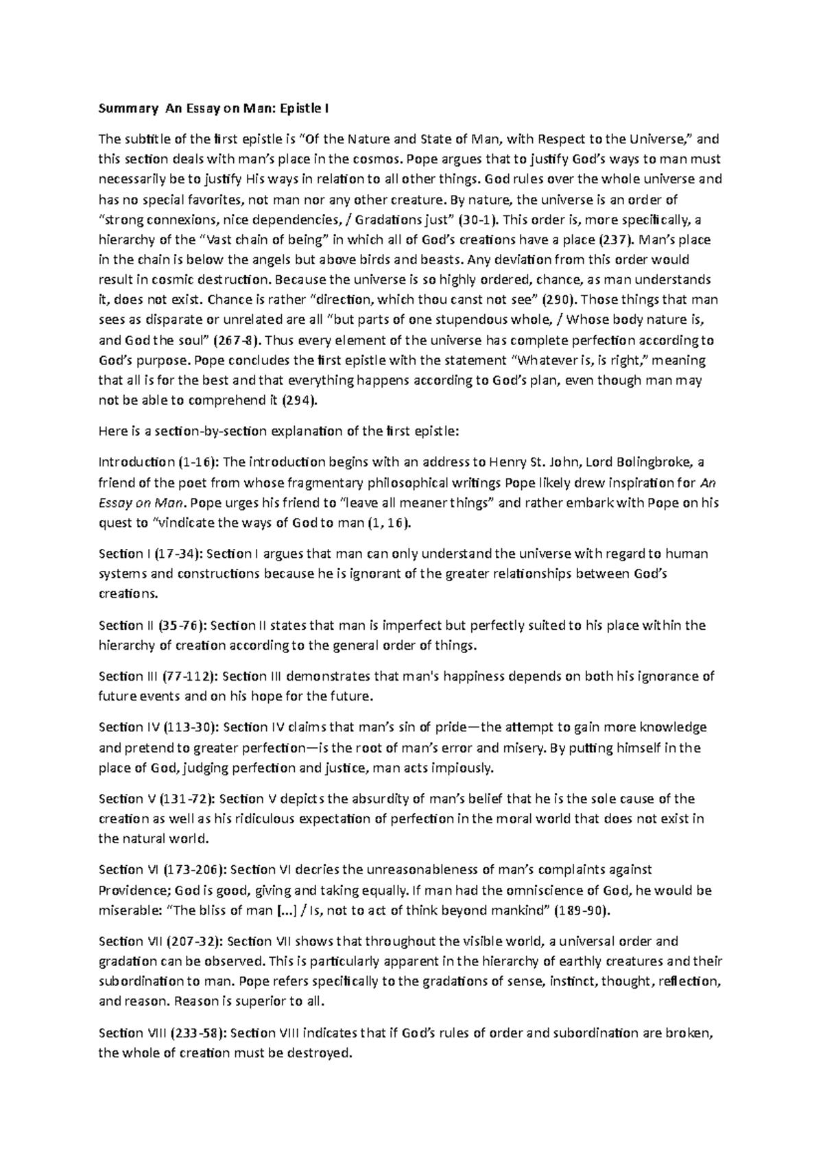 Analysis & Summary of Pope's An Essay on Man - Epistle I - Studocu