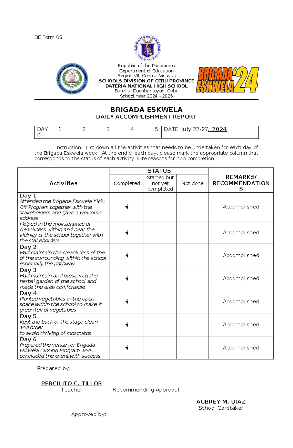 Brigada Eskwela 2024 Accomplishment Report - Form 6 - Studocu