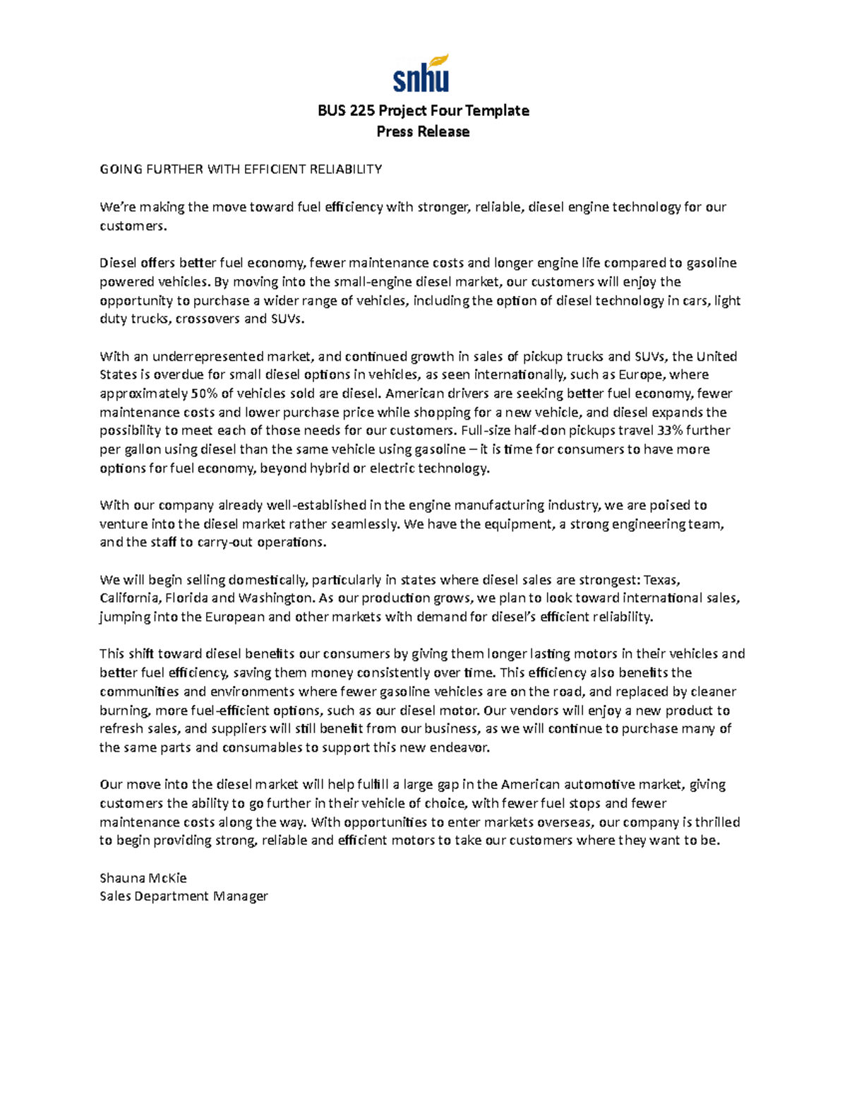 BUS-225 Project Four: Press Release on Diesel Engine Efficiency - Studocu