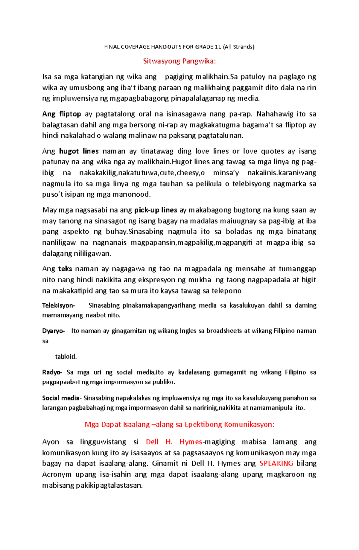 Komunikasyon - Study notes - FINAL COVERAGE HANDOUTS FOR GRADE 11 (All ...