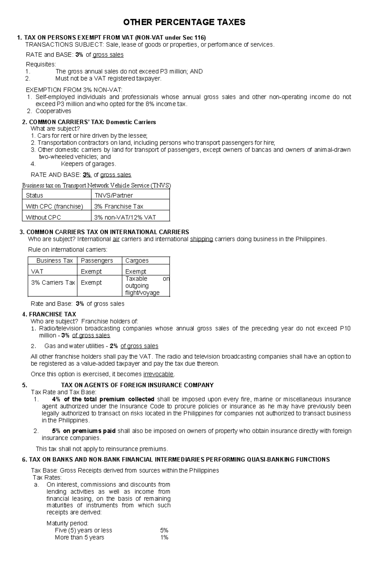 OPT - Other Percentage Taxes: Key Notes and Exemptions - Studocu