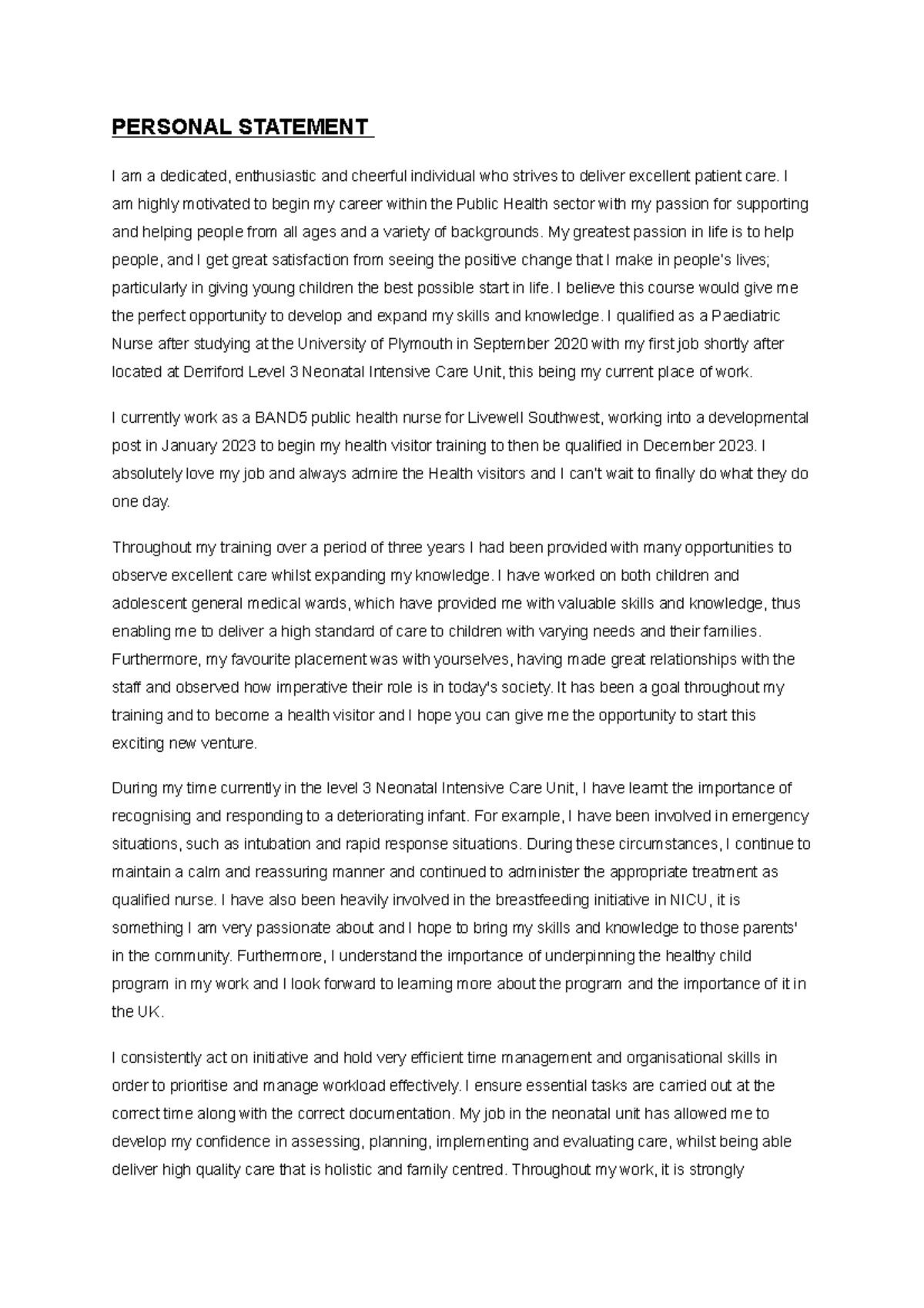 Personal Statement for Public Health Nursing Course Application - Studocu