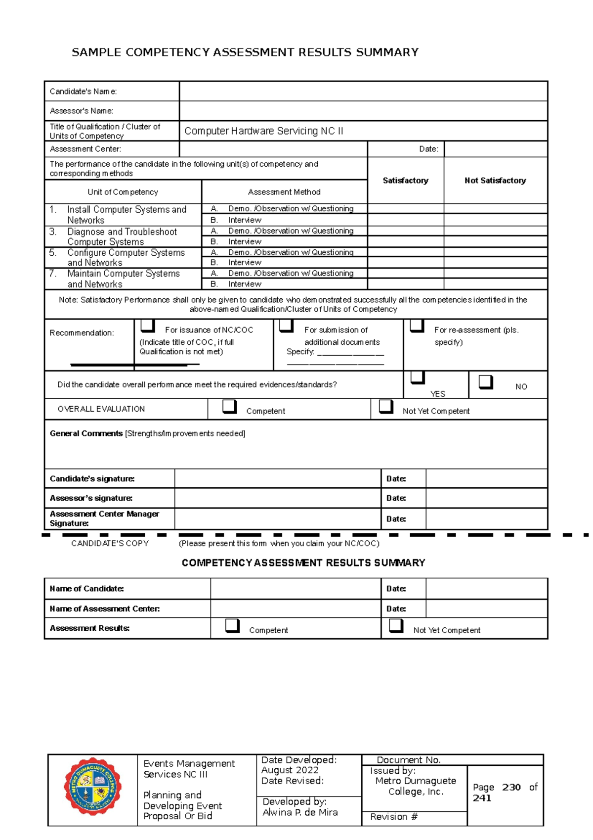 Competency Assessment Results Summary Ti - SAMPLE COMPETENCY ASSESSMENT RESULTS SUMMARY ...