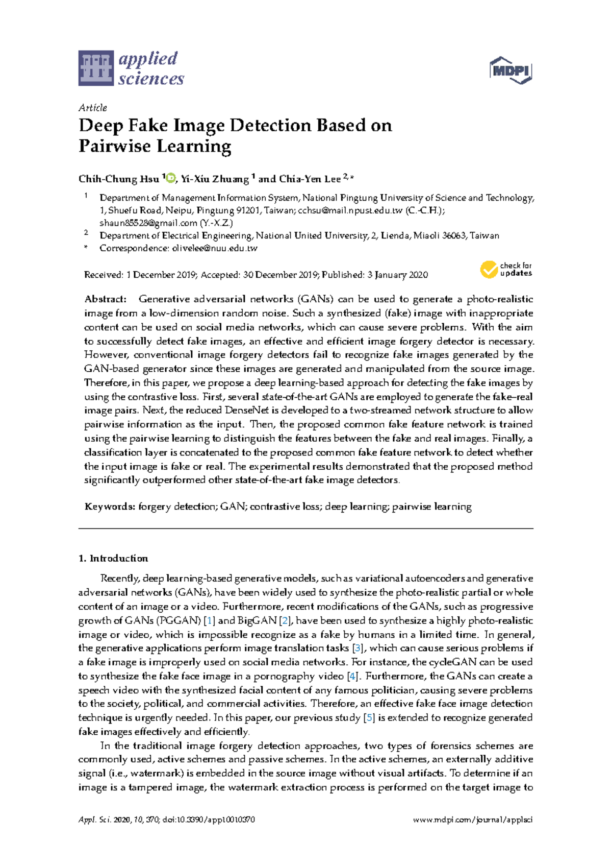 Applied Sciences 2020: Deep Fake Image Detection via Pairwise Learning - Studocu