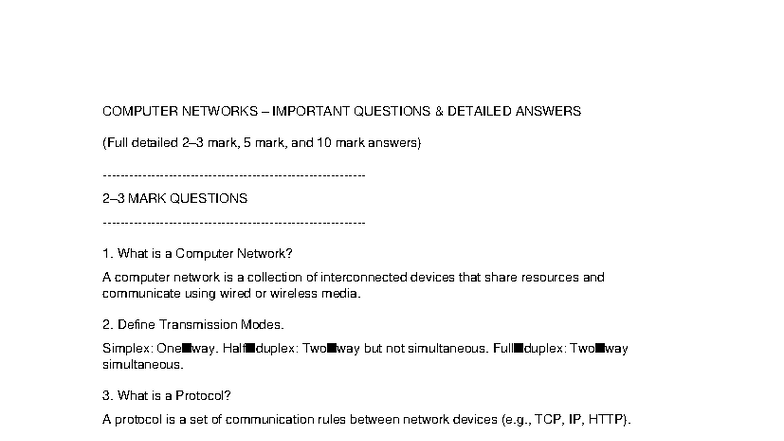 CN Important Questions: Detailed Answers for Computer Networks - Studocu