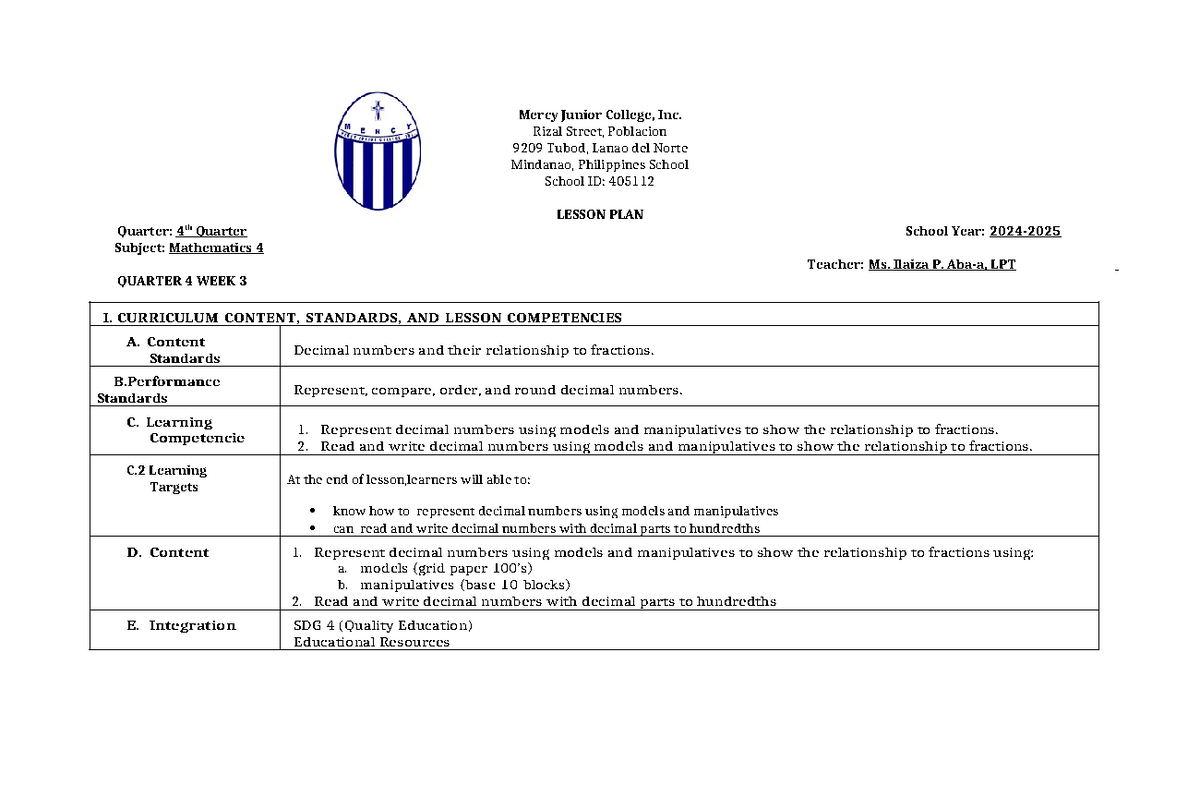 Q4 W3 - Mathematics 4 Lesson Plan on Decimals and Fractions - Studocu
