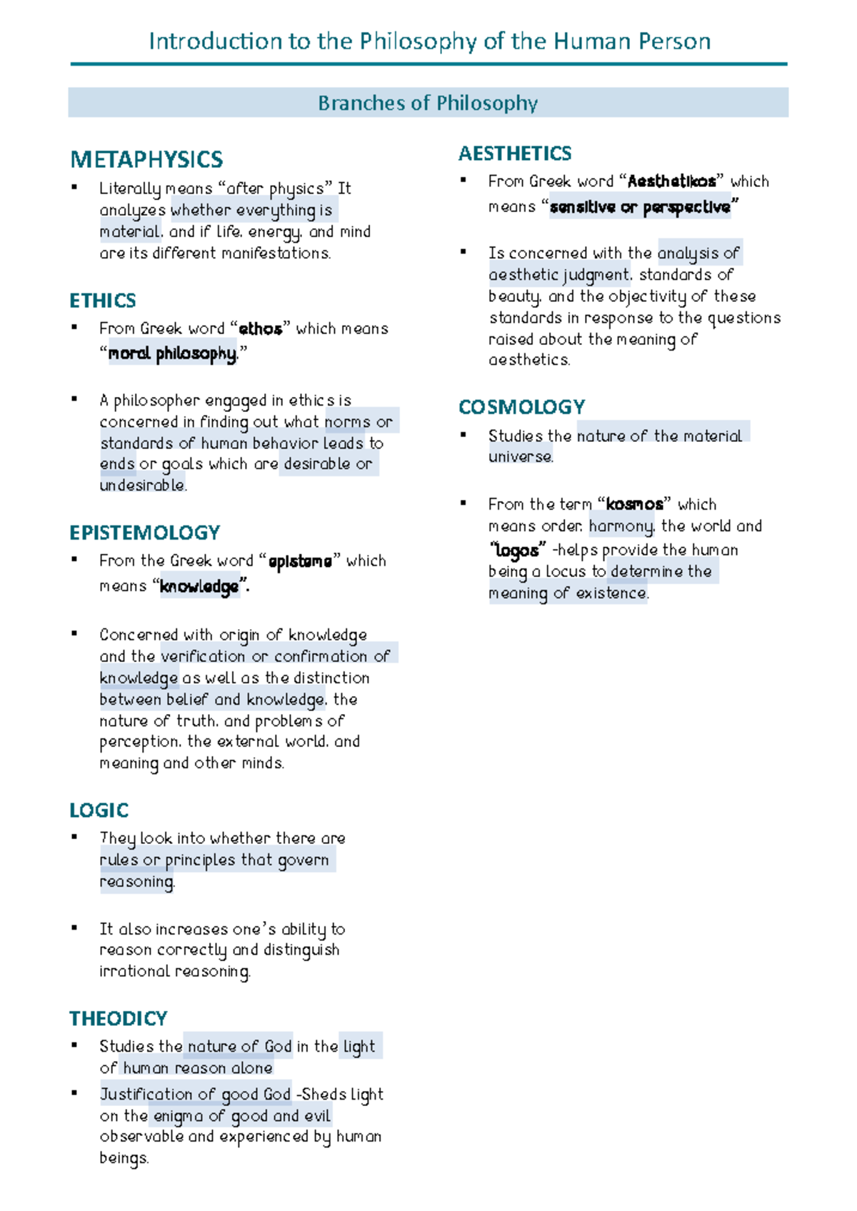 Philosophy Notes: Introduction to Human Person & Key Branches - Studocu