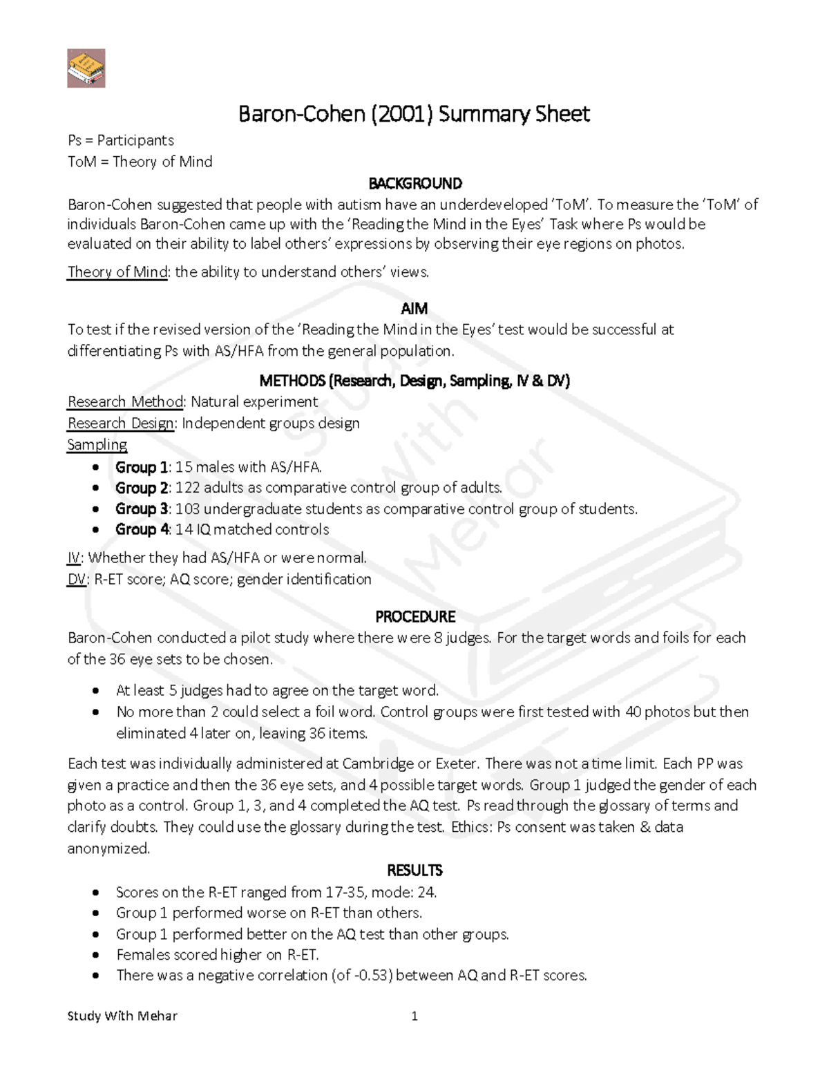 Baron-Cohen (2001) ToM Study Summary - Detailed Review with Mehar - Studocu