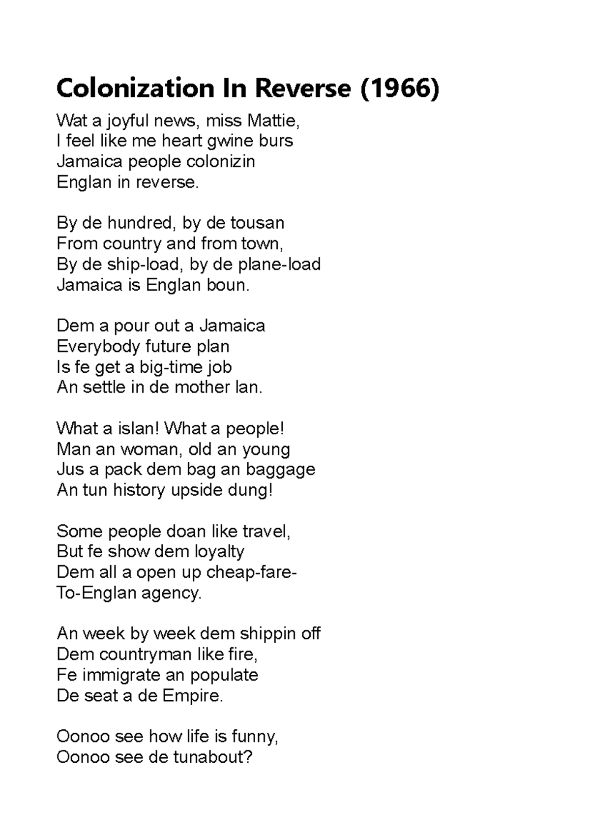 Colonization in Reverse: A Study of Louise Bennett's Poem - Studocu