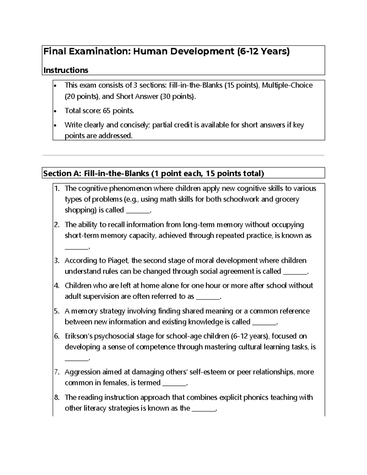 Final Exam: Human Development (HS2700) Practice Test - Studocu