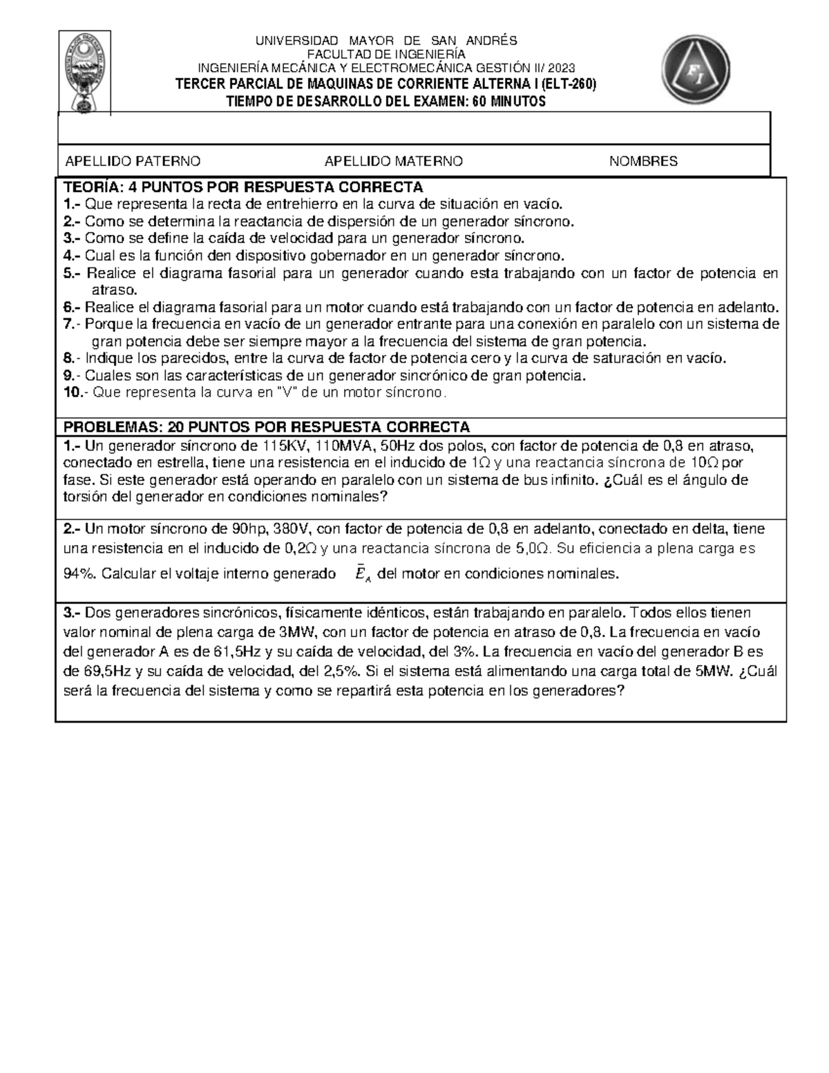 Tercer Parcial ELT260 II 2023: Máquinas de Corriente Alterna I - Studocu