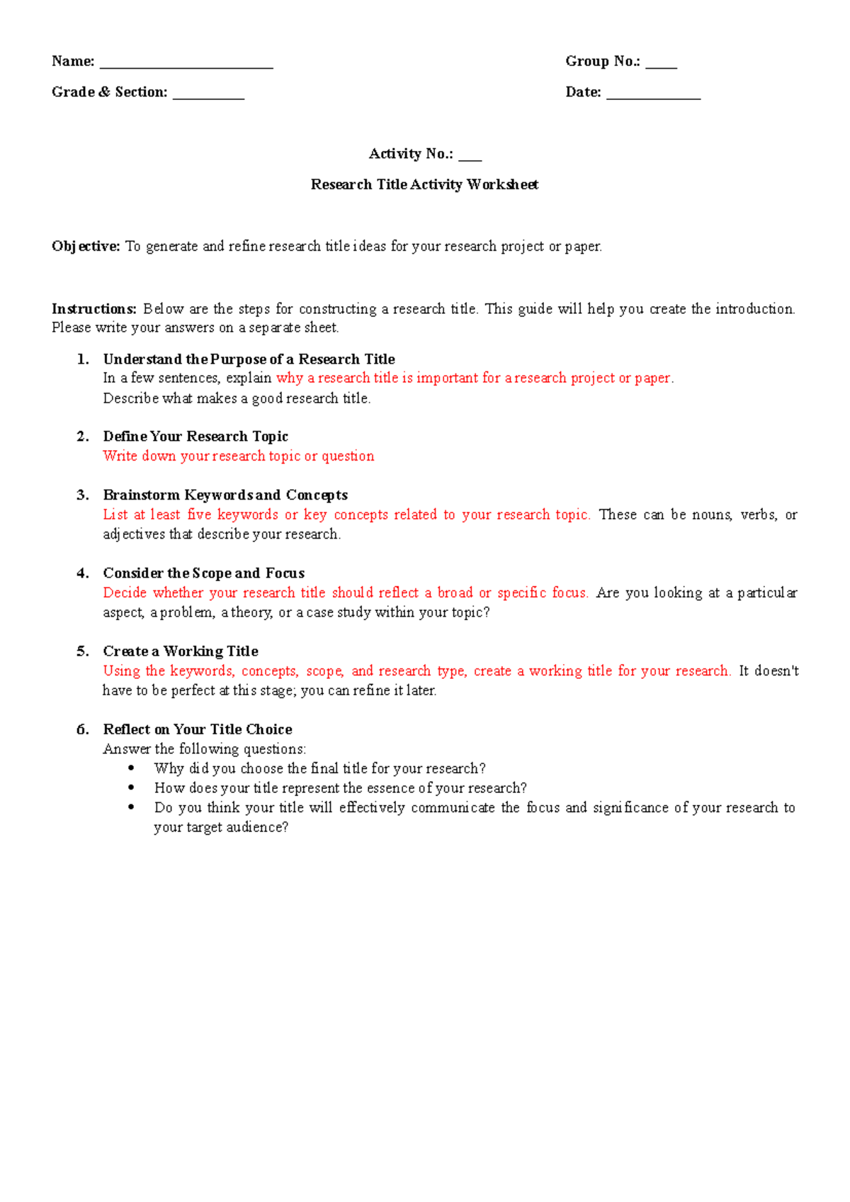 Activity (Research Title) - Name: ______________________ Group No ...