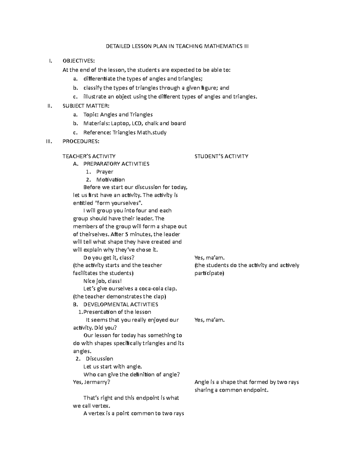 Detailed Lesson Plan: Angles & Triangles in Math III Lesson - Studocu