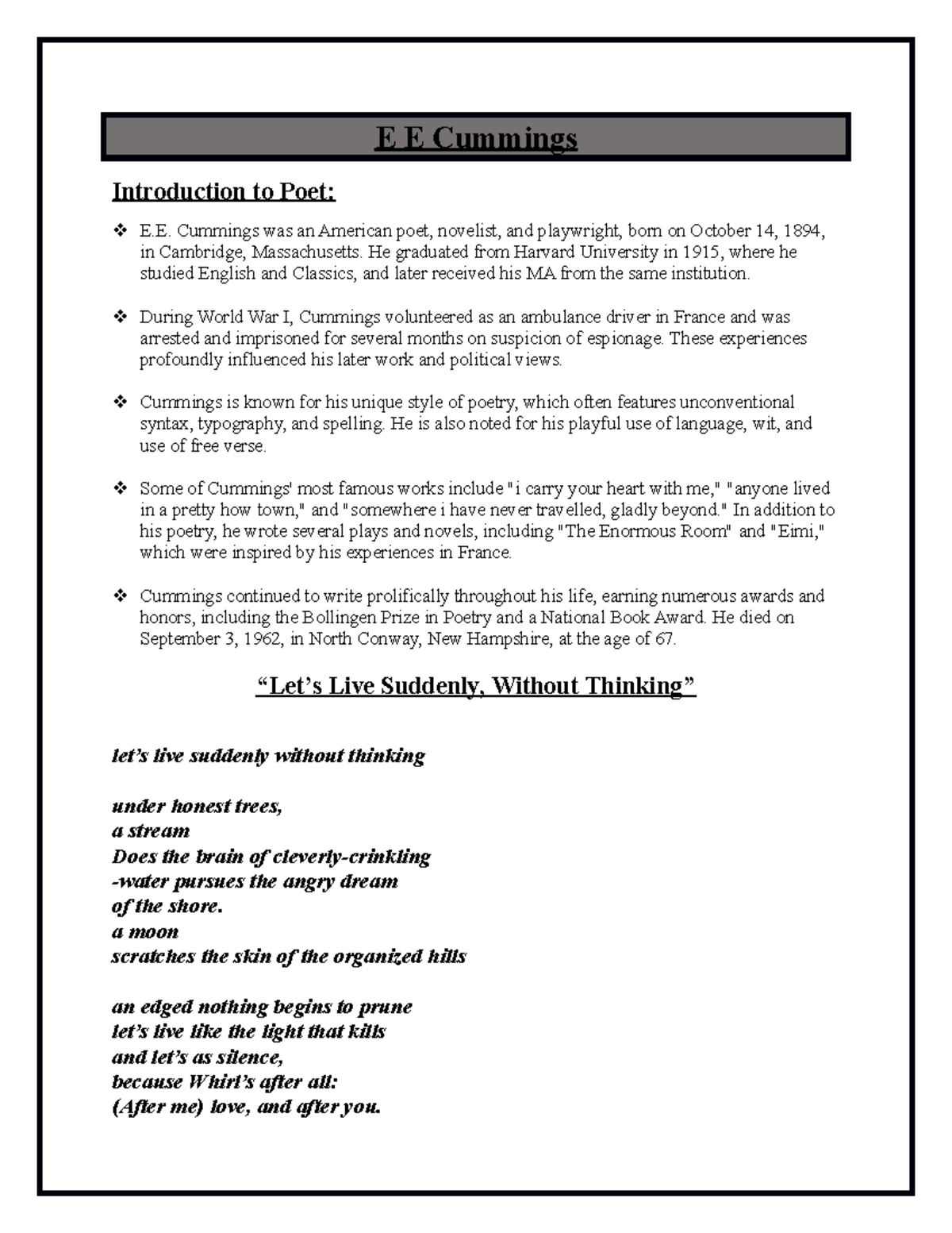 E E Cummings (GP) - It will provide a good analysis to the poem "Let's ...