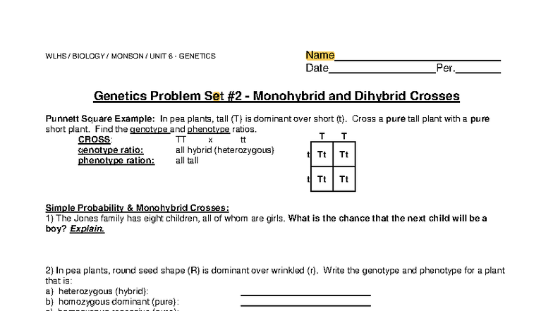 Genetics Problem Set 2 - Monohybrid & Dihybrid Crosses (BIO 101) - Studocu