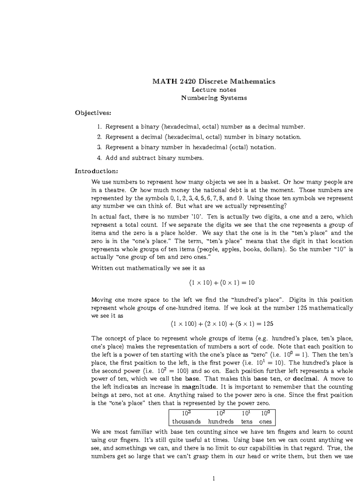 MATH 2420 Discrete Mathematics Lecture Notes: Numbering Systems - Studocu
