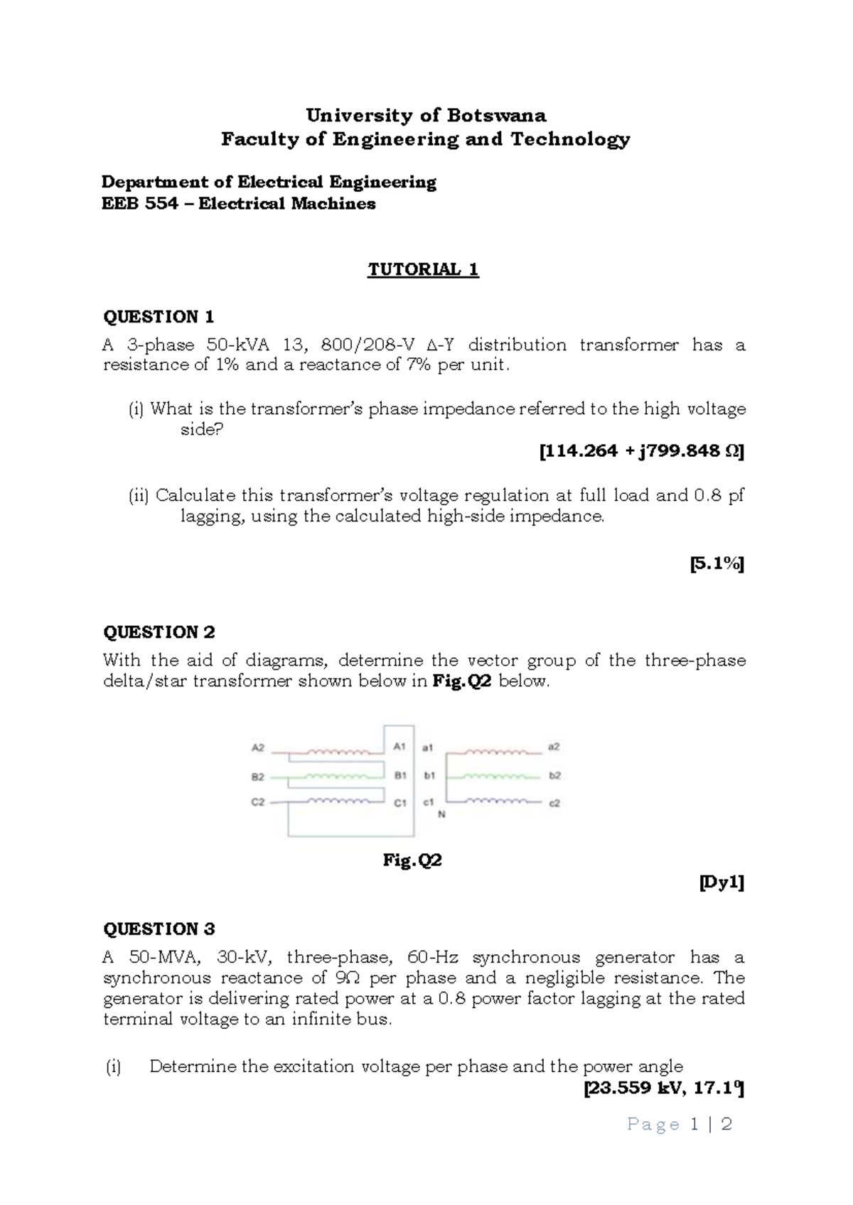 EEB 554 - Electrical Machines Tutorial 1 Questions & Solutions 2024 ...